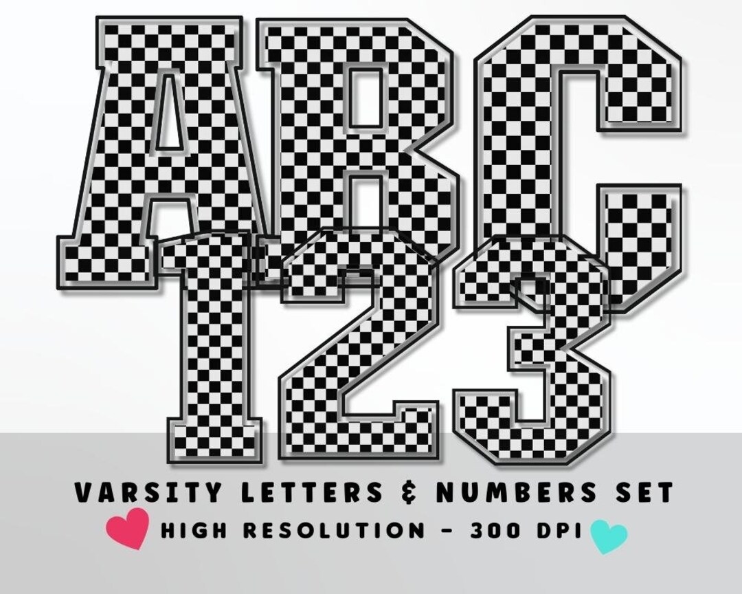 Checkered Varsity Font: Retro Black and White Letters & Numbers PNG ...