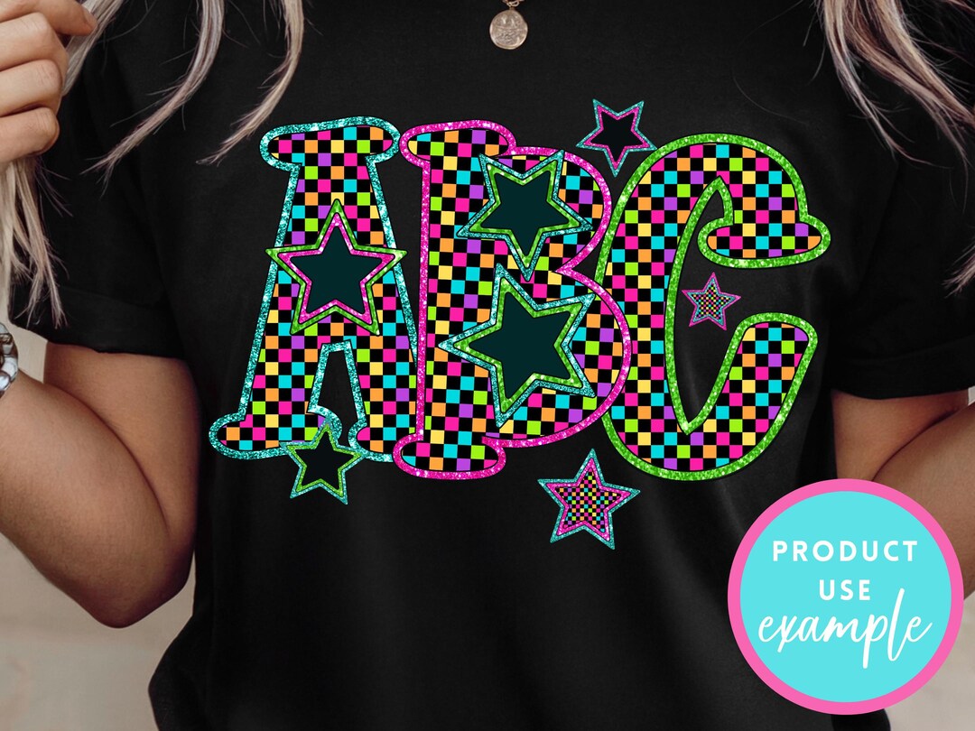 Neon Glitter Checkerboard Alphabet & Numbers: Retro Doodle Print ...