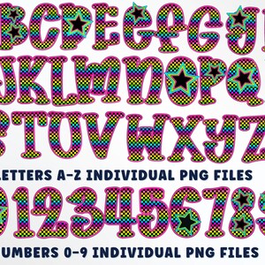 Neon Checkerboard Alphabet & Numbers PNG Set: Retro Print (digital ...