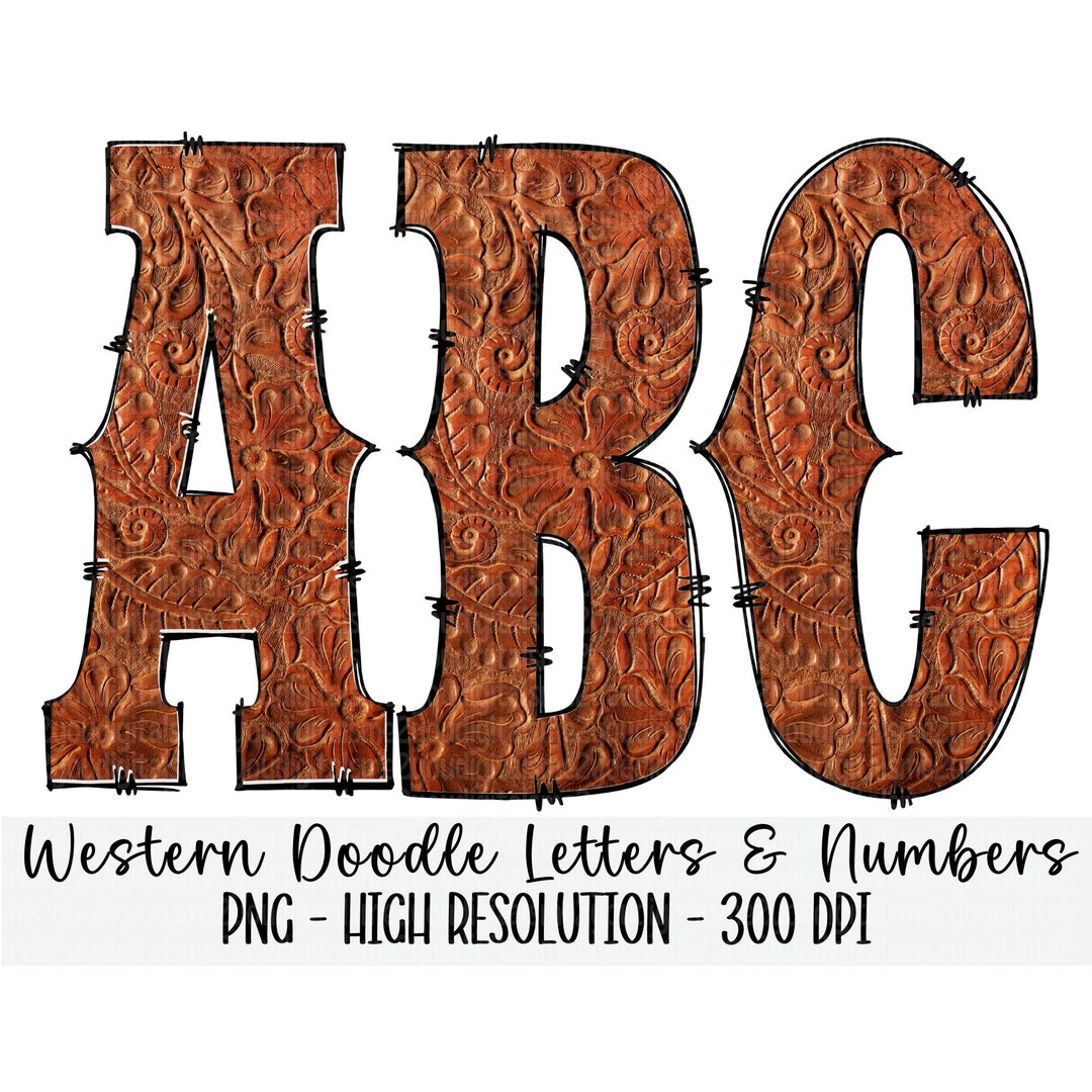 Tooled Leather Western Alphabet & Numbers PNG: Doodle Font (digital ...