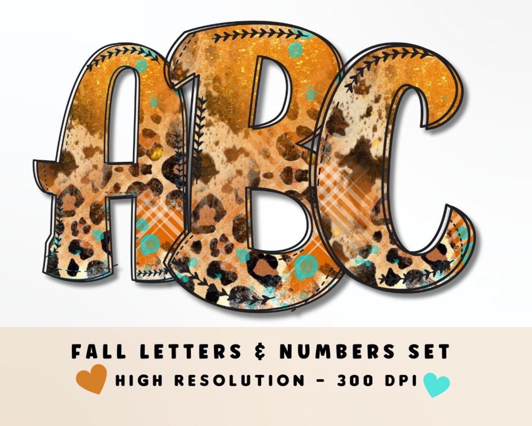 Leopard Print Fall Alphabet & Numbers PNG Set: Doodle Letters (digital ...