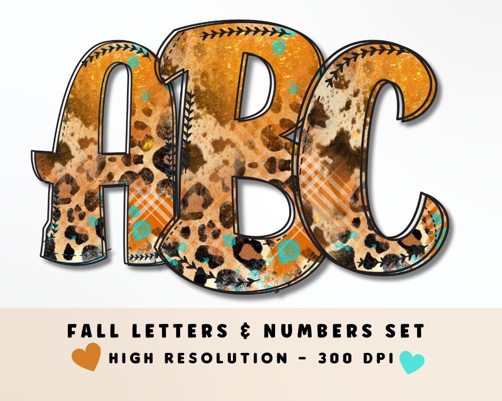 Leopard Print Fall Alphabet & Numbers PNG Set: Doodle Letters (digital ...