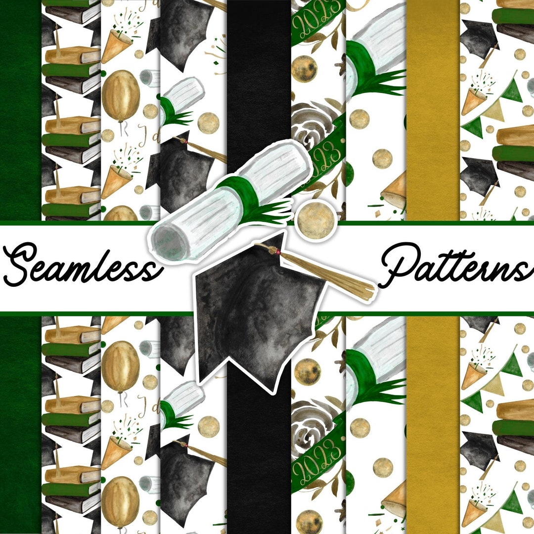 Green, Black & Gold Graduation Seamless Patterns Digital Paper ...