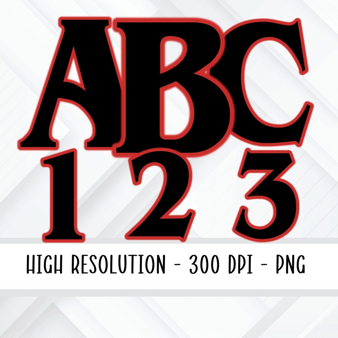 Black With Red Outline Alphabet & Numbers Set PNG. Sublimation, Heat ...