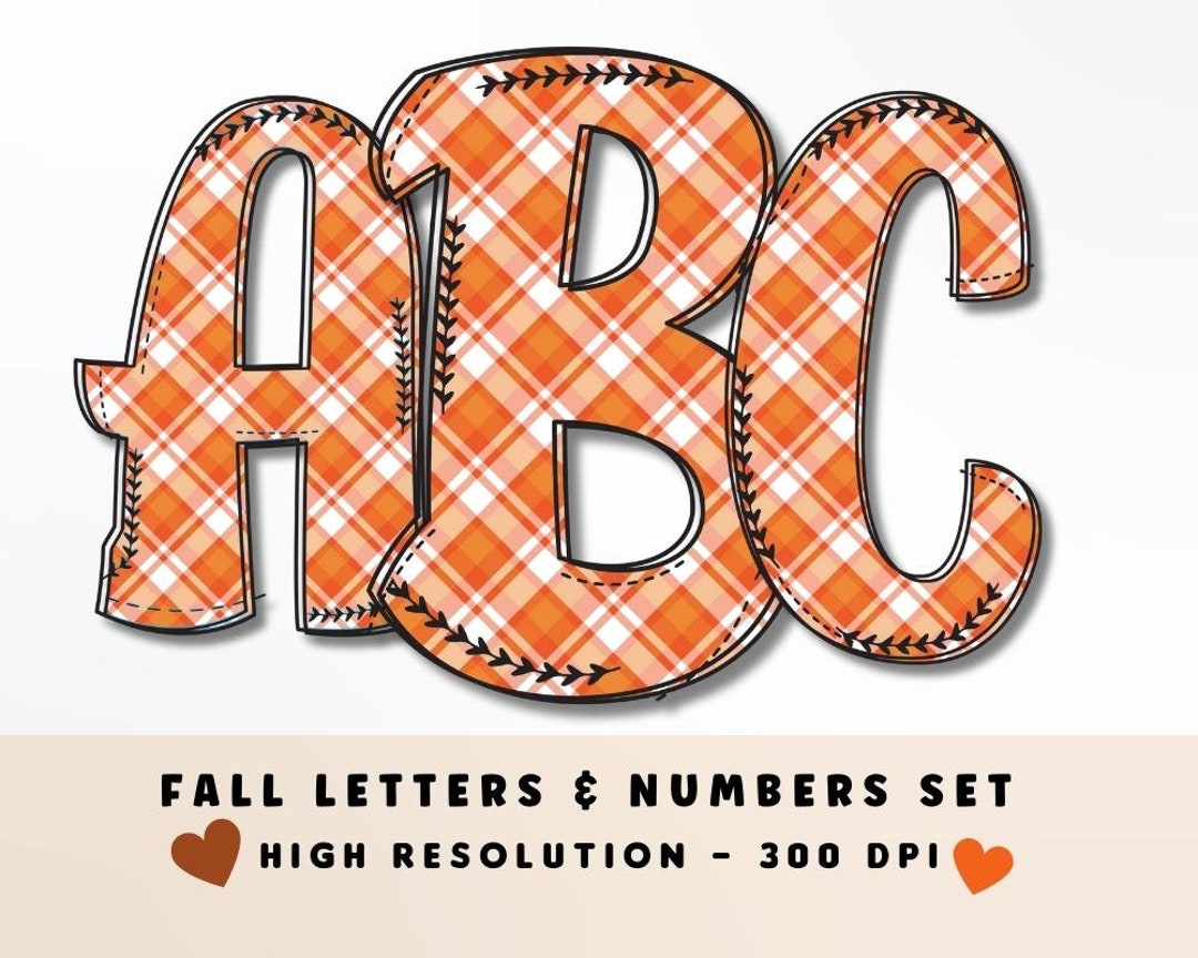 Orange Plaid Fall Alphabet & Numbers PNG Set: Doodle Font (digital ...