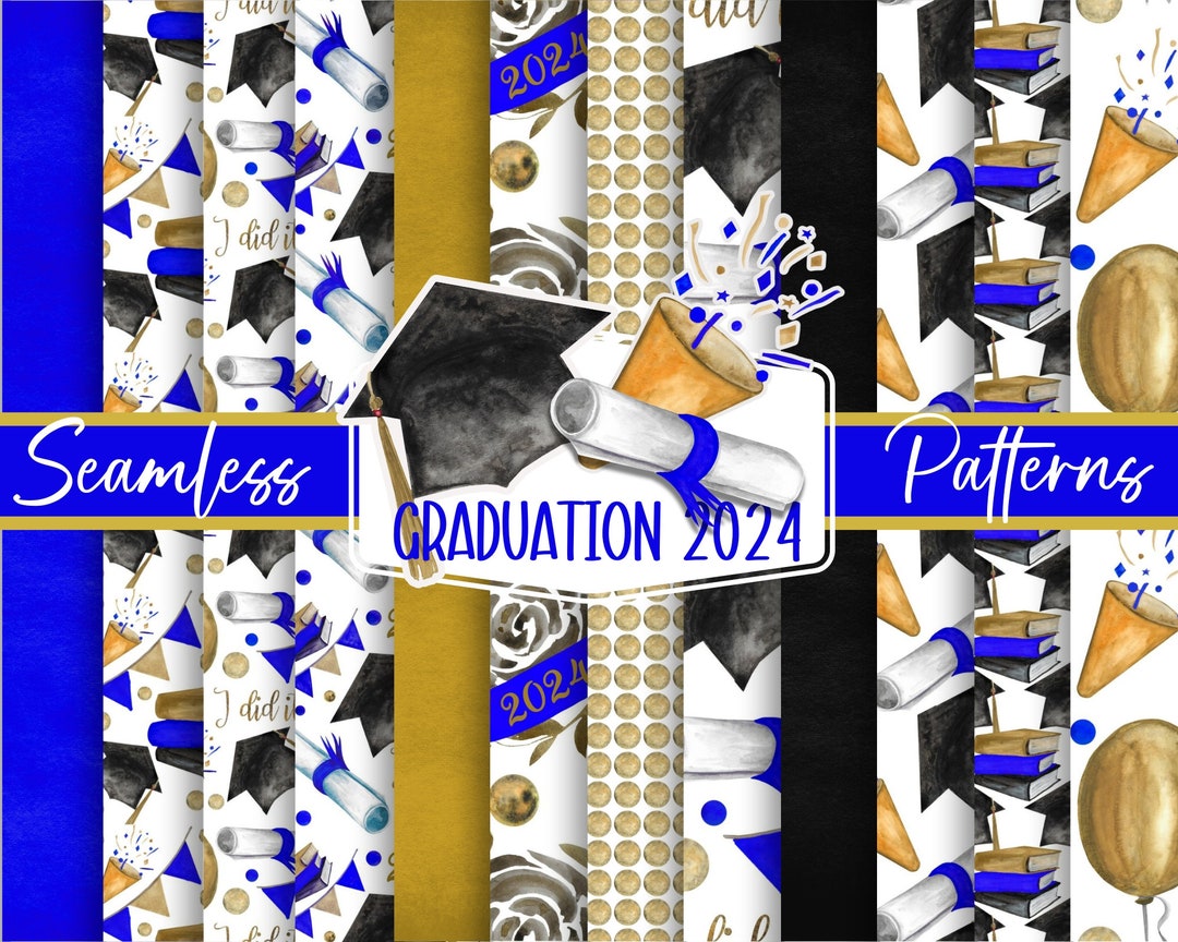 2024 Royal Blue, Black & Gold Graduation Seamless Patterns Digital ...