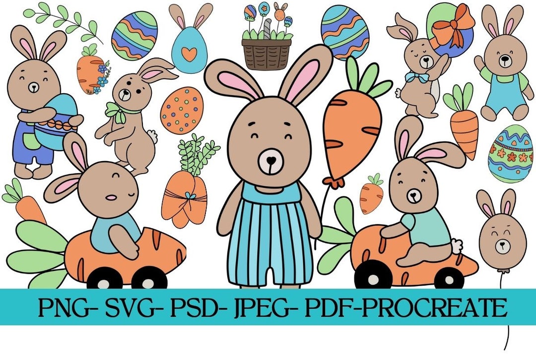 Cute Hand-drawn Boy Easter Bunny Clipart Set - High Resolution - 300dpi ...