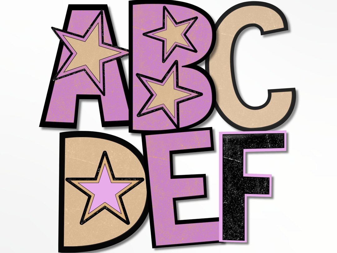 Retro Stars Doodle Alphabet & Numbers PNG Set: Digital Letters (digital ...