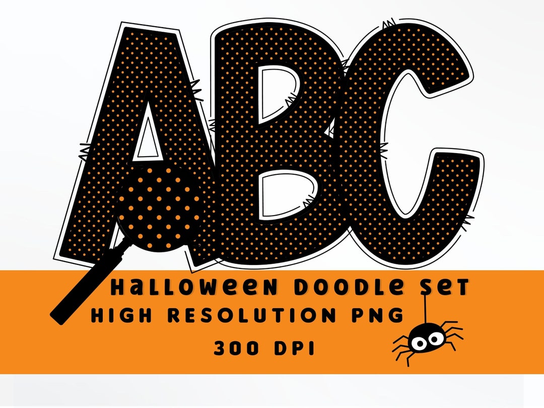 Halloween Doodle Alphabet PNG Set: Orange & Black Polka Dots (digital ...