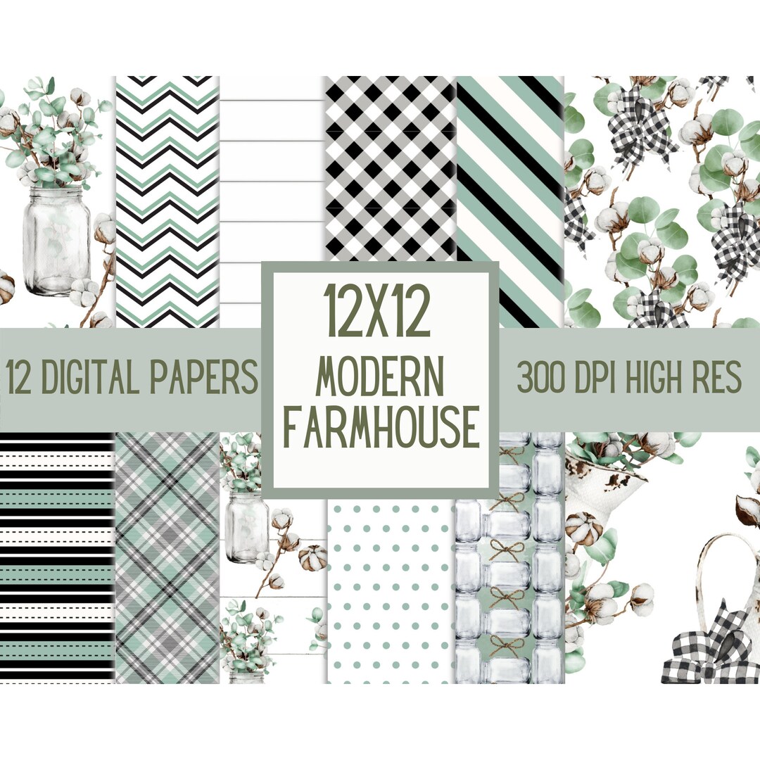 Farmhouse Mason Jars & Cotton Digital Paper: 12x12 Scrapbook (digital ...