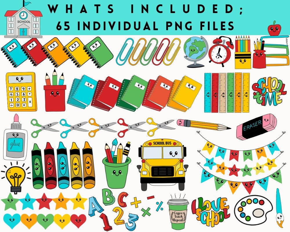 Kawaii School Supplies Clipart Set High Resolution 300dpi - Etsy