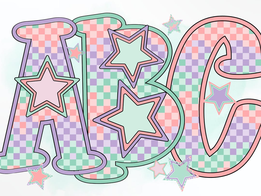 Pastel Checkerboard Alphabet & Numbers PNG Set: Doodle Font (digital ...