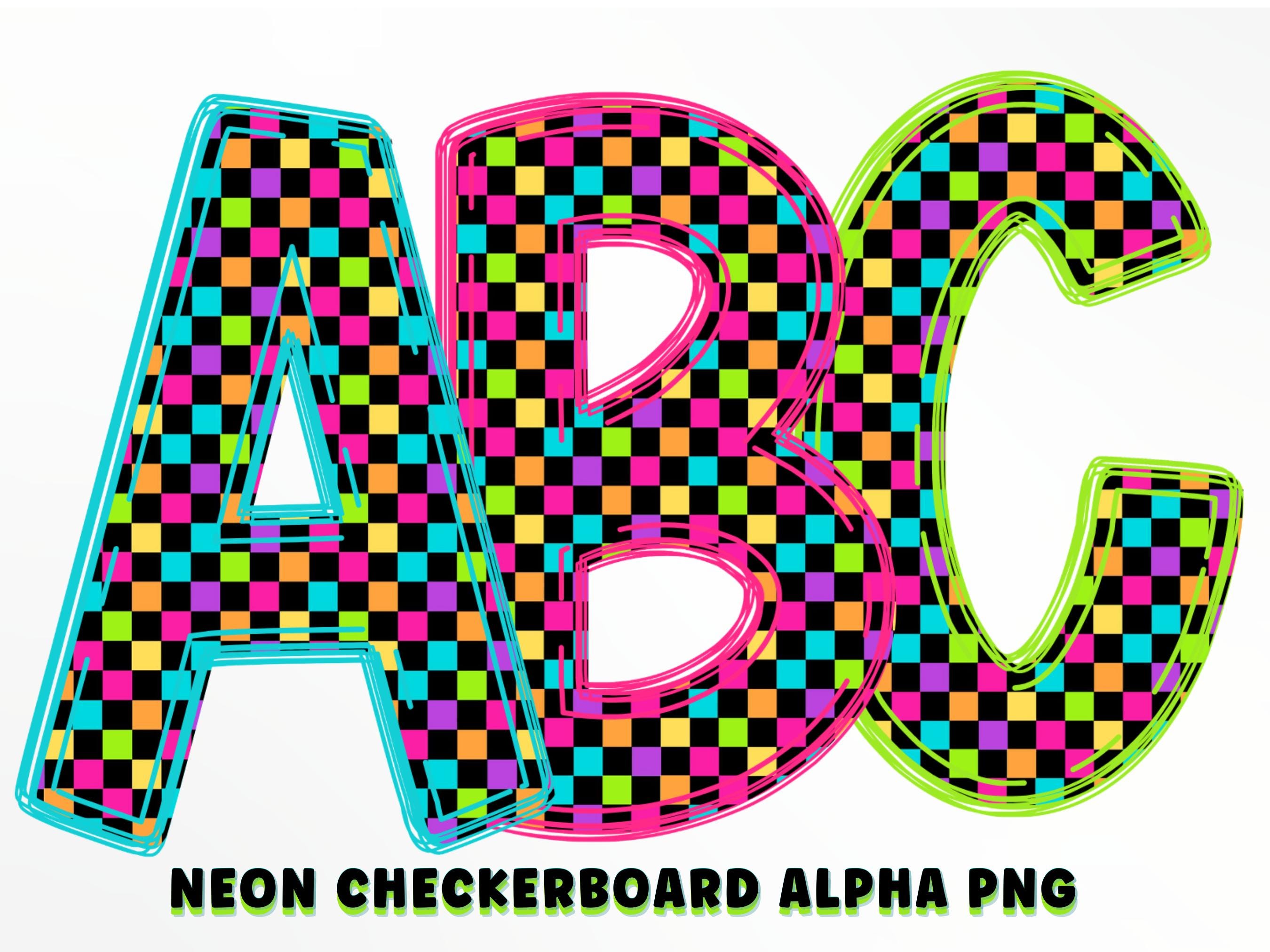 Neon Doodle Alphabet & Numbers PNG: Retro Checkerboard Letters (digital ...