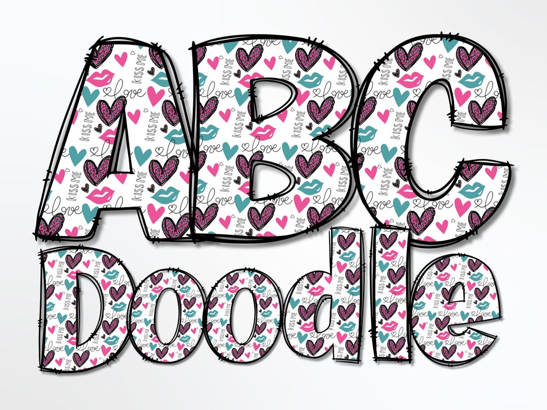 Valentine's Day Doodle Letters BUNDLE PNG, Hearts Alphabet PNG ...