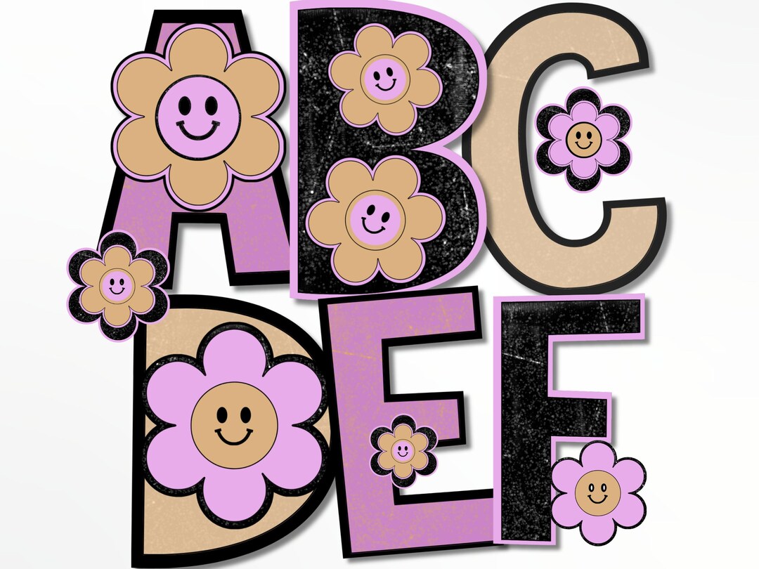 Retro Flower Power Alphabet PNG: Floral Doodle Letters & Numbers ...