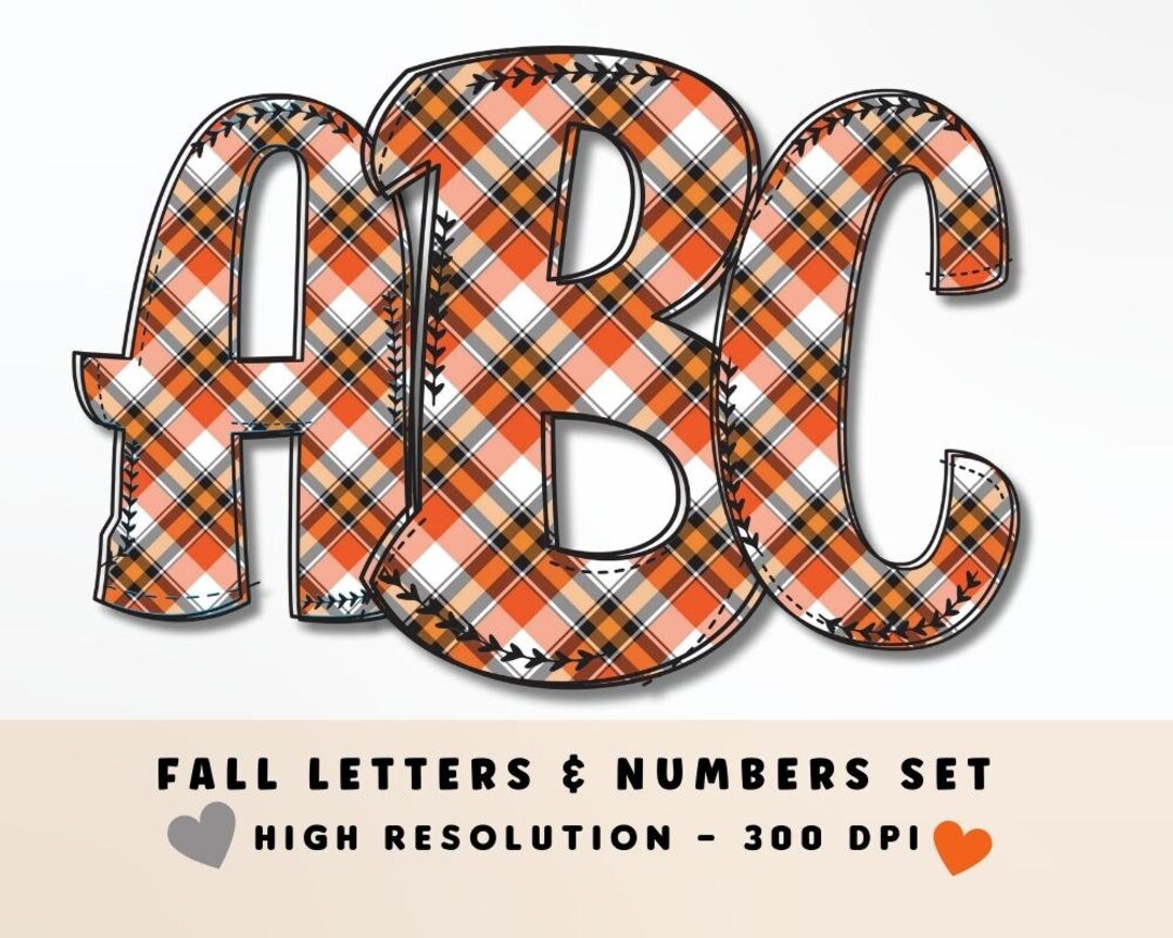 Orange Plaid Fall Alphabet & Numbers PNG Set: Doodle Font (digital ...