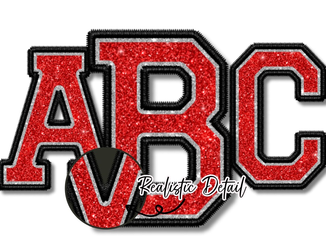 Red Glitter Varsity Letters: Faux Embroidery Alphabet PNG (digital ...