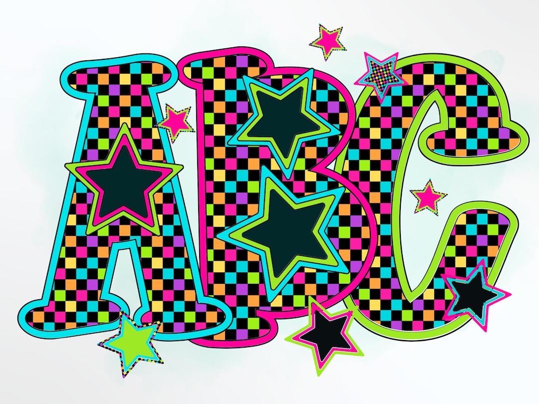 Neon Checkerboard Alphabet & Numbers PNG Set: Retro Print (digital ...