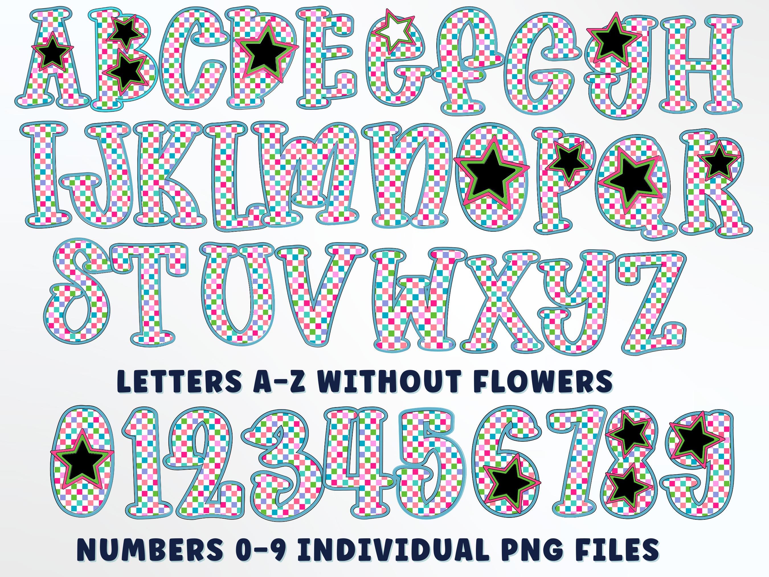 Neon Checkerboard Alphabet & Numbers PNG Set: Retro Print (digital ...