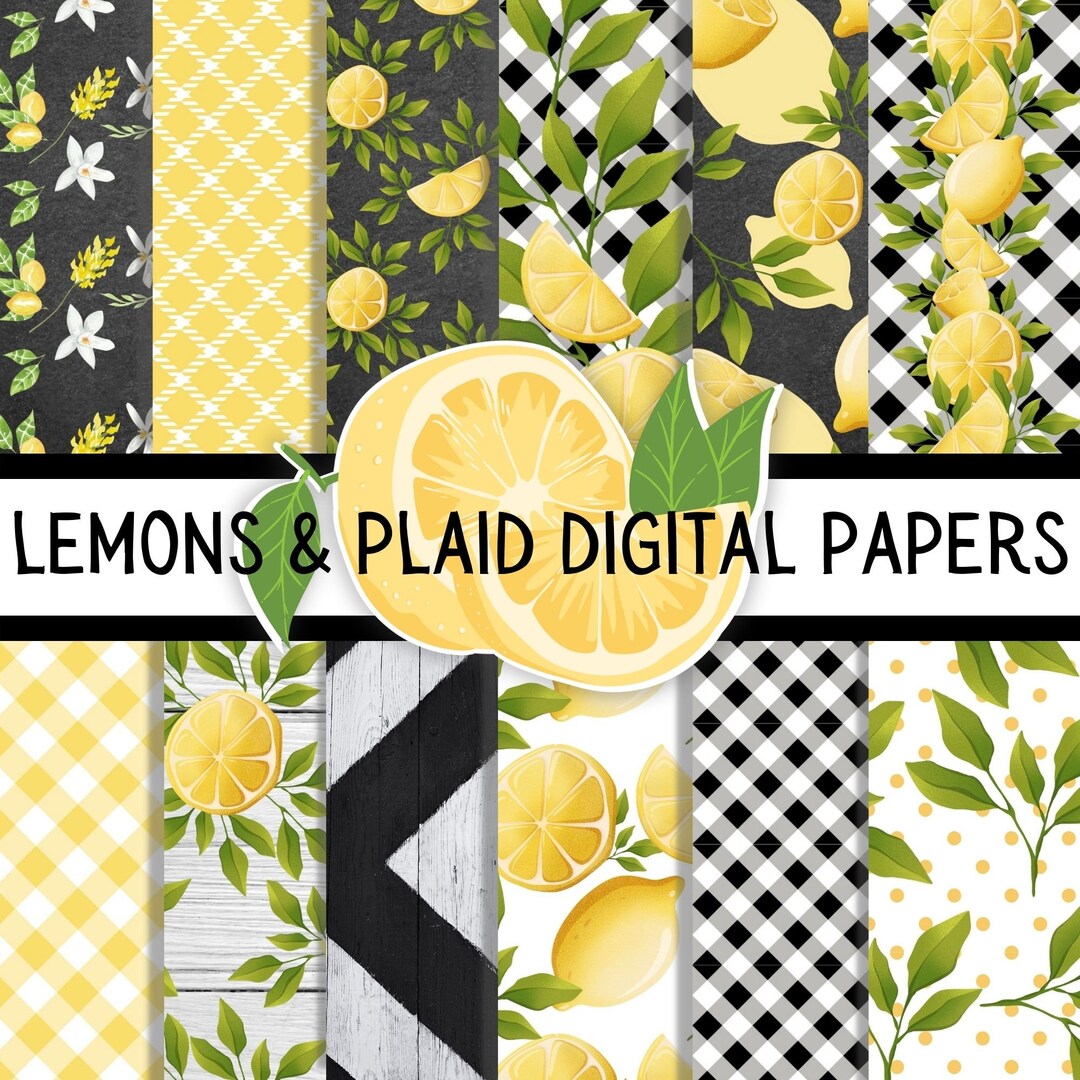 Lemons & Plaid Digital Paper - High Resolution - 12x12 - Scrapbooking ...