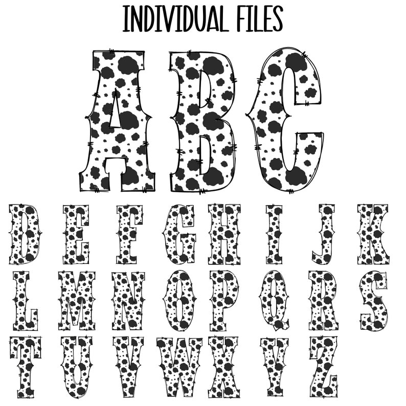 Cow Print Western Doodle Alphabet & Numbers Set (PNG Digital Download ...