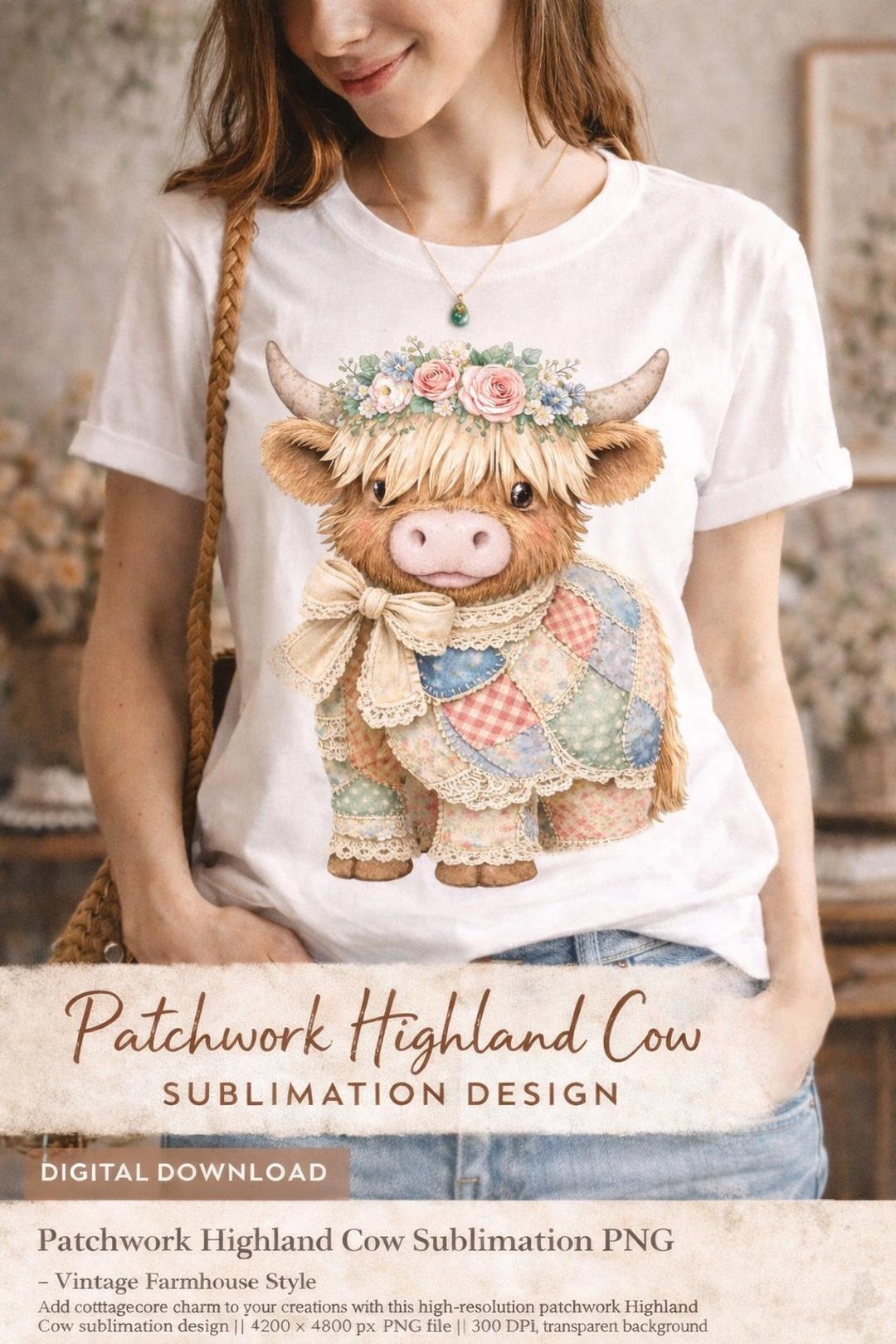 Patchwork Highland Cow Sublimation PNG – Cottage Core Farmhouse Design ...