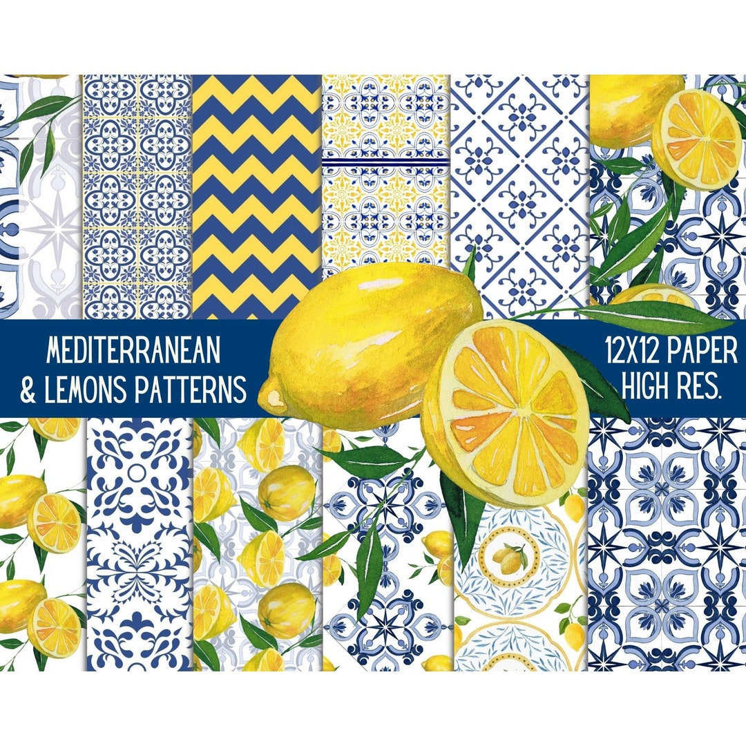 Lemons & Mediterranean Tiles Digital Paper - High Resolution - 12x12 ...