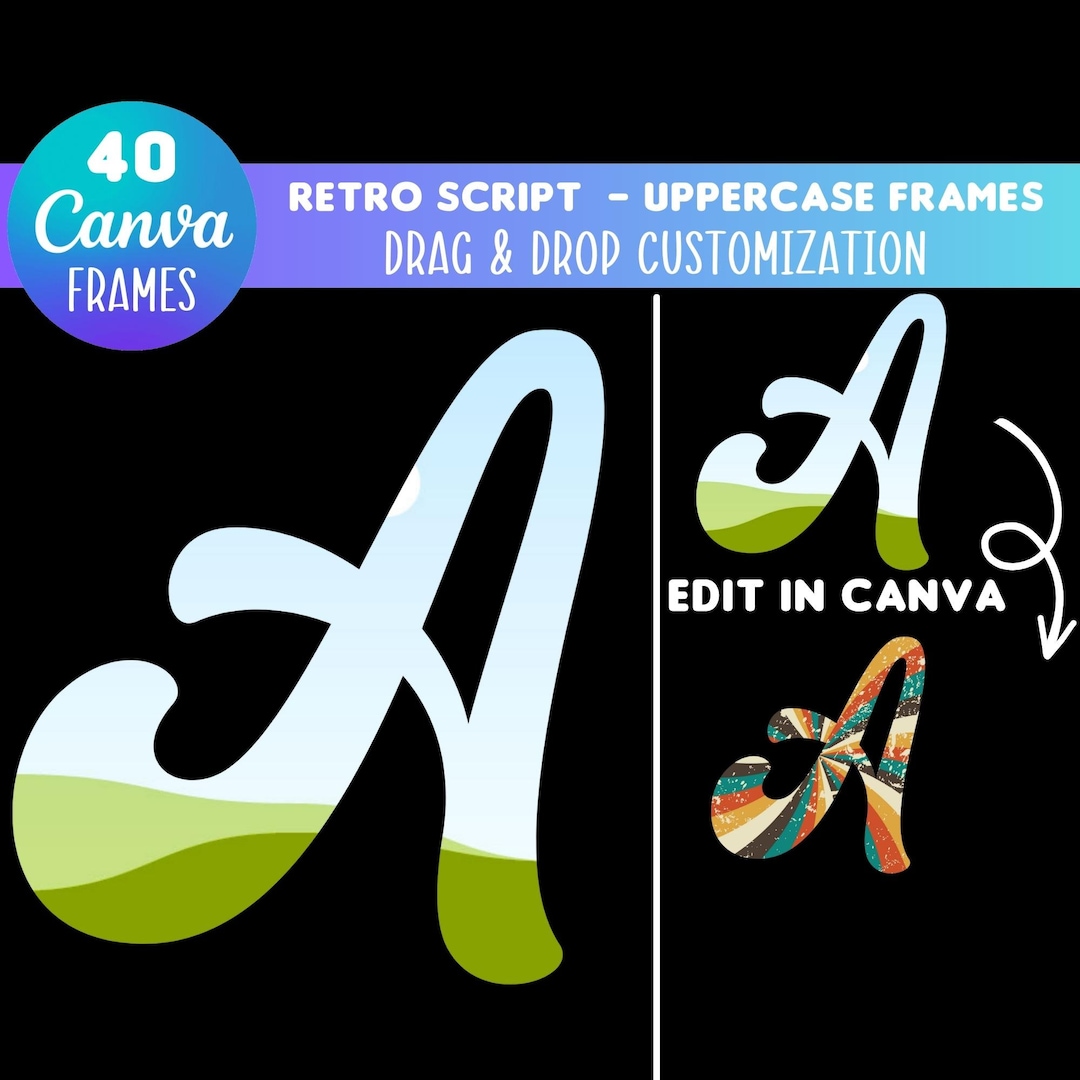 Retro Script Letter Canva Frames: Drag & Drop Alphabet (digital ...