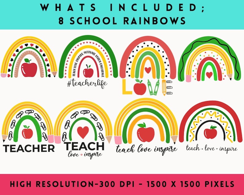 School Supplies Rainbow Clipart Set High Resolution 300dpi - Etsy