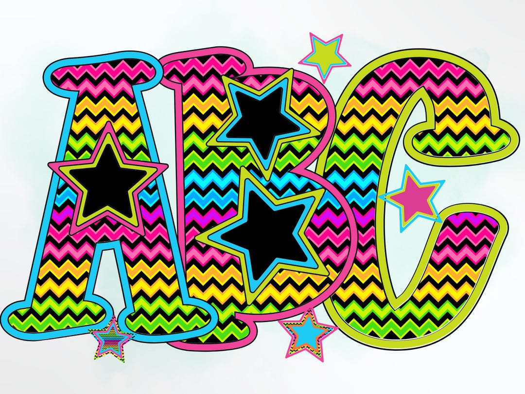 Neon Chevron Alphabet & Numbers PNG Set: Multi-color Doodle Font ...