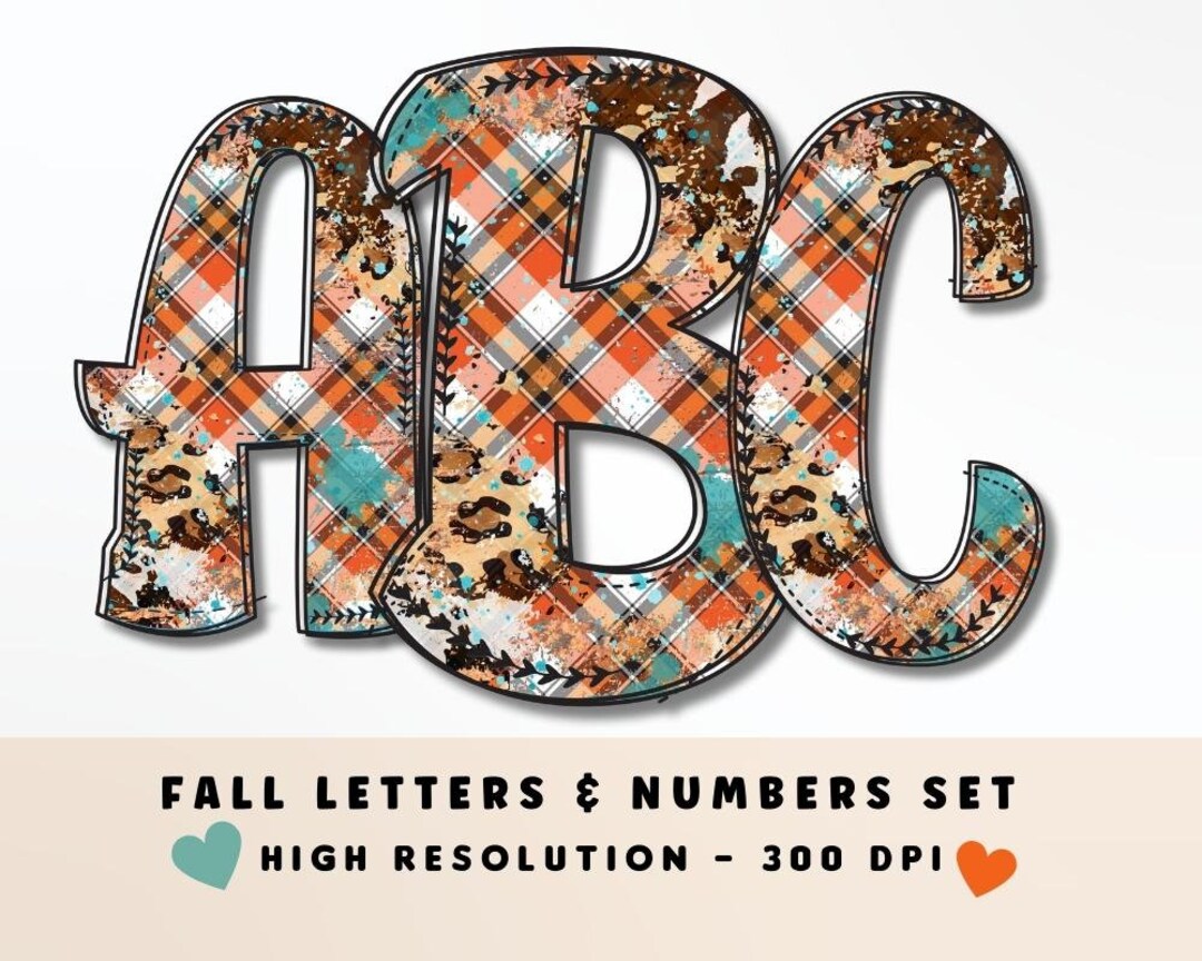 Orange Plaid Fall Alphabet & Numbers PNG Set: Doodle Letters (digital ...