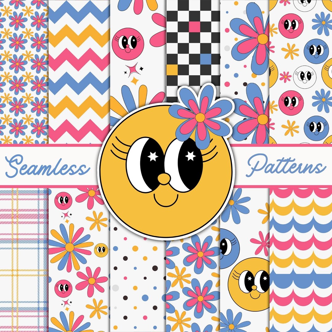 Retro Happy Faces & Flowers Seamless Pattern (digital Download) - Etsy