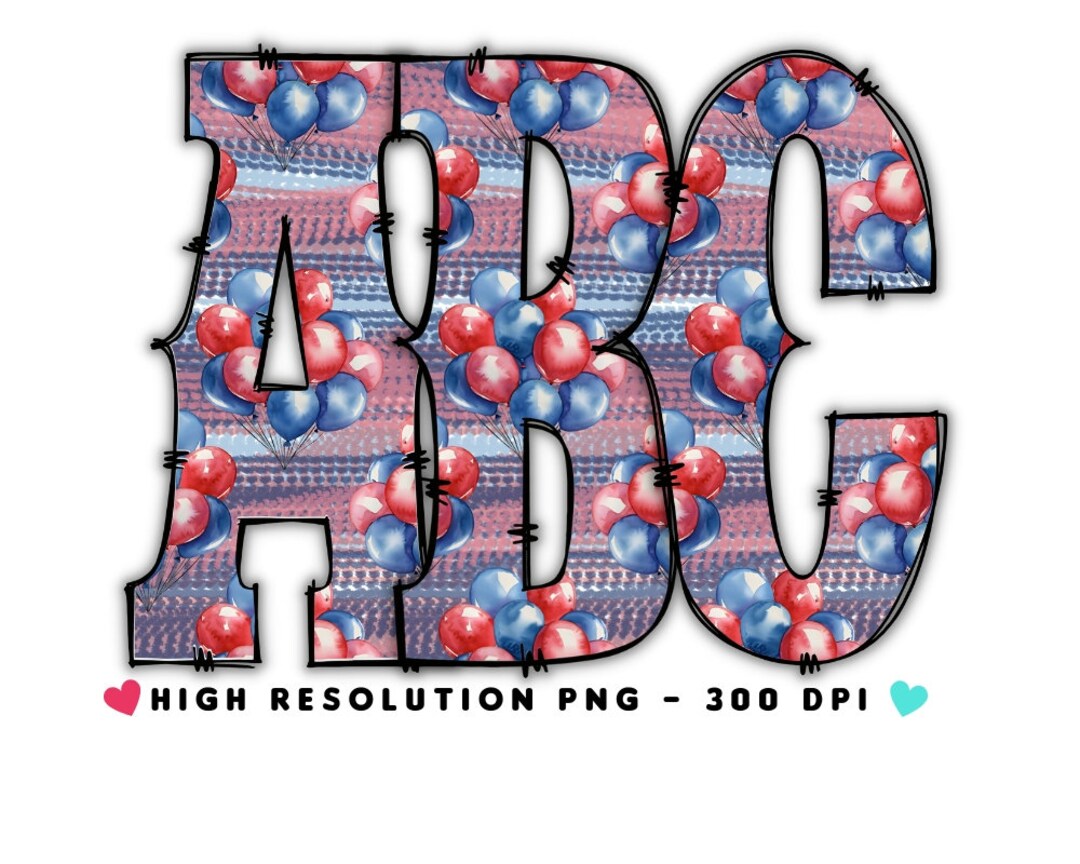 Red, White, Blue Balloon WESTERN DOODLE Alphabet & Numbers Set PNG ...