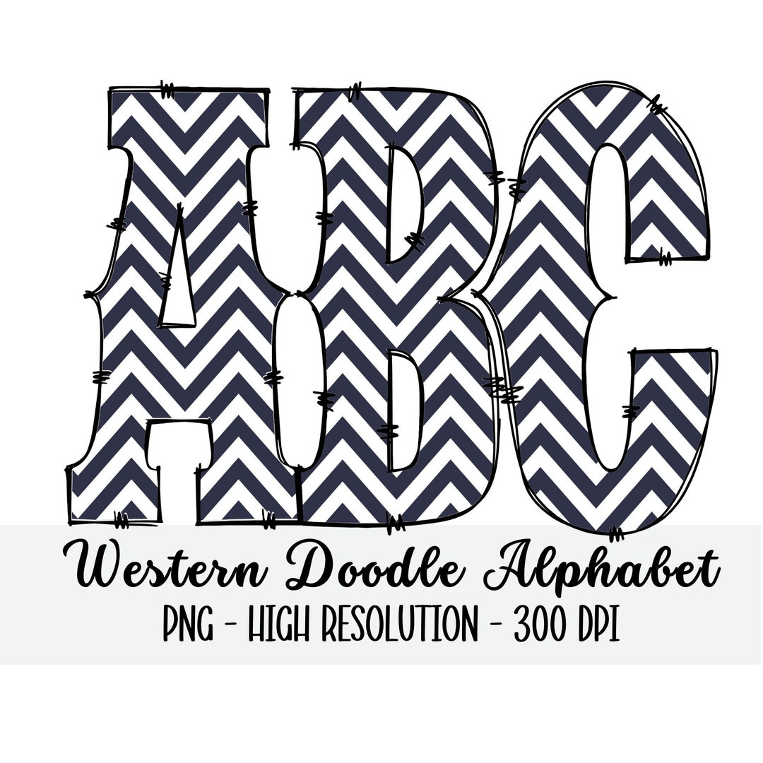 Blue Chevron Western Doodle Alphabet & Numbers PNG (digital Download ...