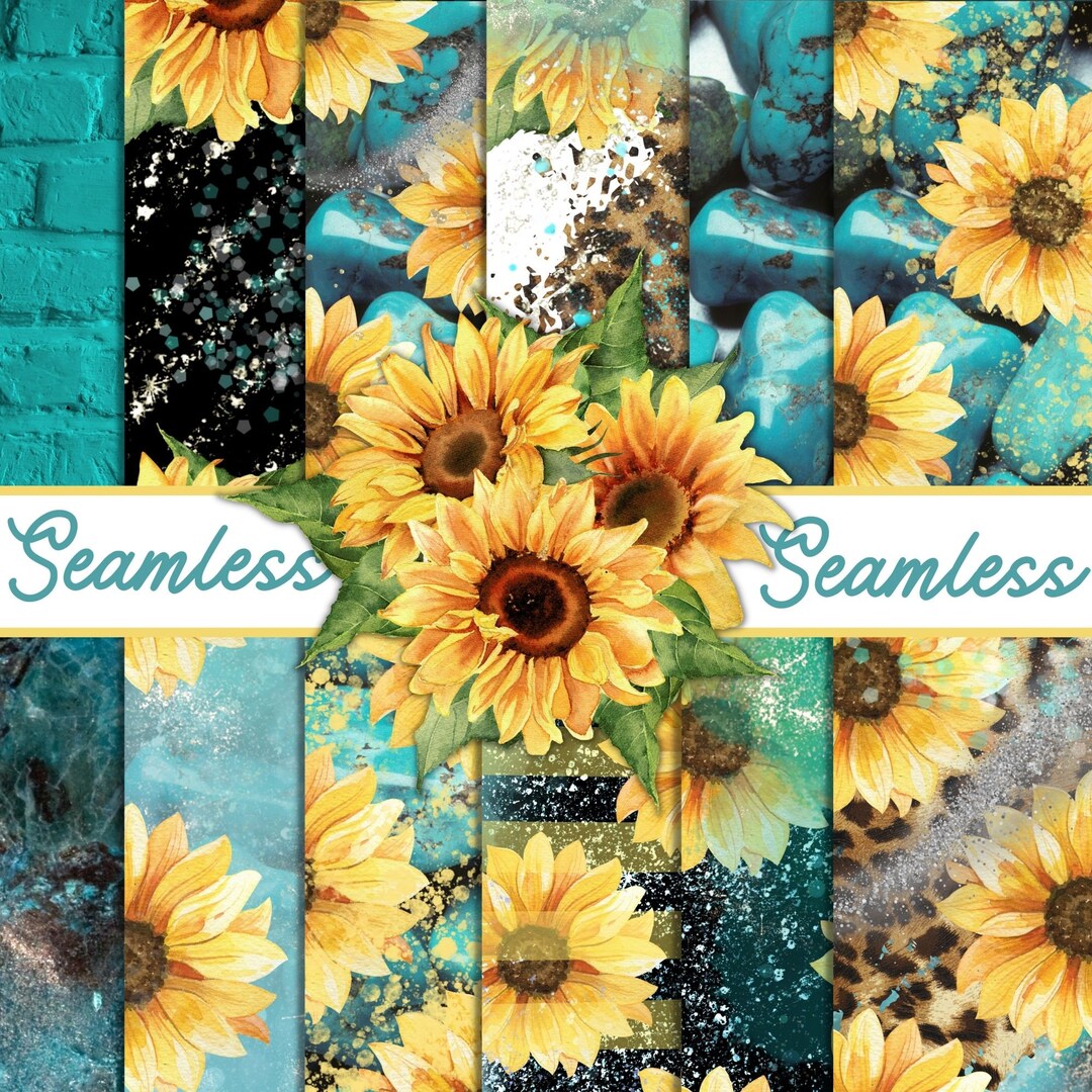 Sunflowers & Turquoise Stones Seamless Patterns - High Resolution ...