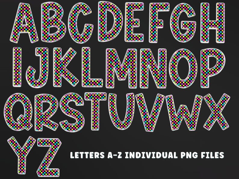 Neon Doodle Alphabet & Numbers PNG: Retro Checkerboard Font (digital ...