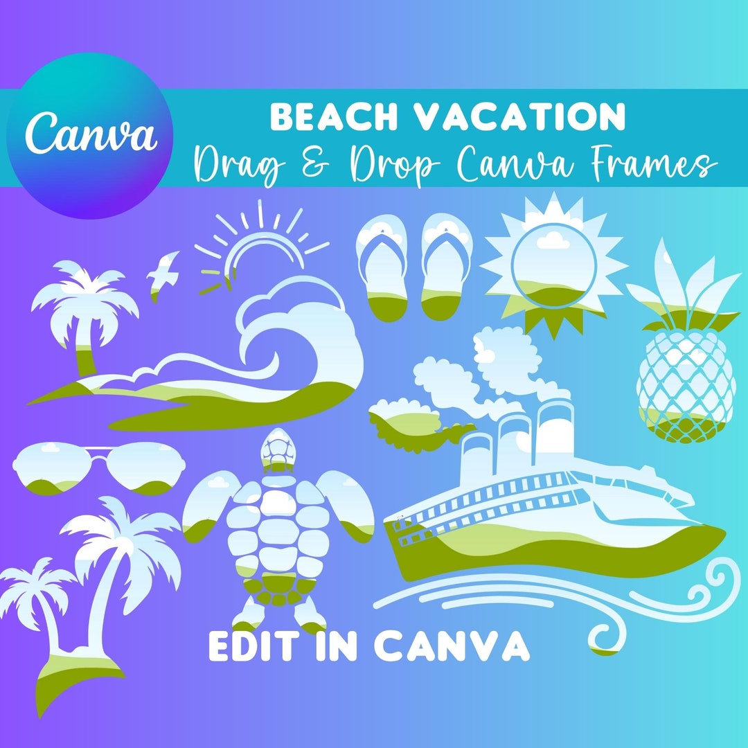 Canva Beach Vacation Frame Bundle, Template Design Bundle, Drag and ...