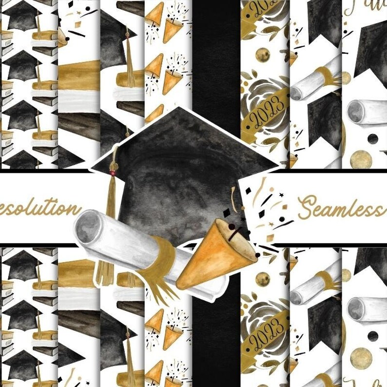 Black & Gold Graduation Seamless Patterns Digital - Etsy