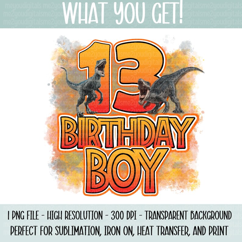 Dinosaur 13th Birthday Boy PNG: Sublimation Iron on Transfer (digital ...