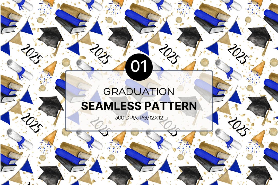 Gold & Royal Blue Graduation 2025 Seamless Pattern (digital Download ...