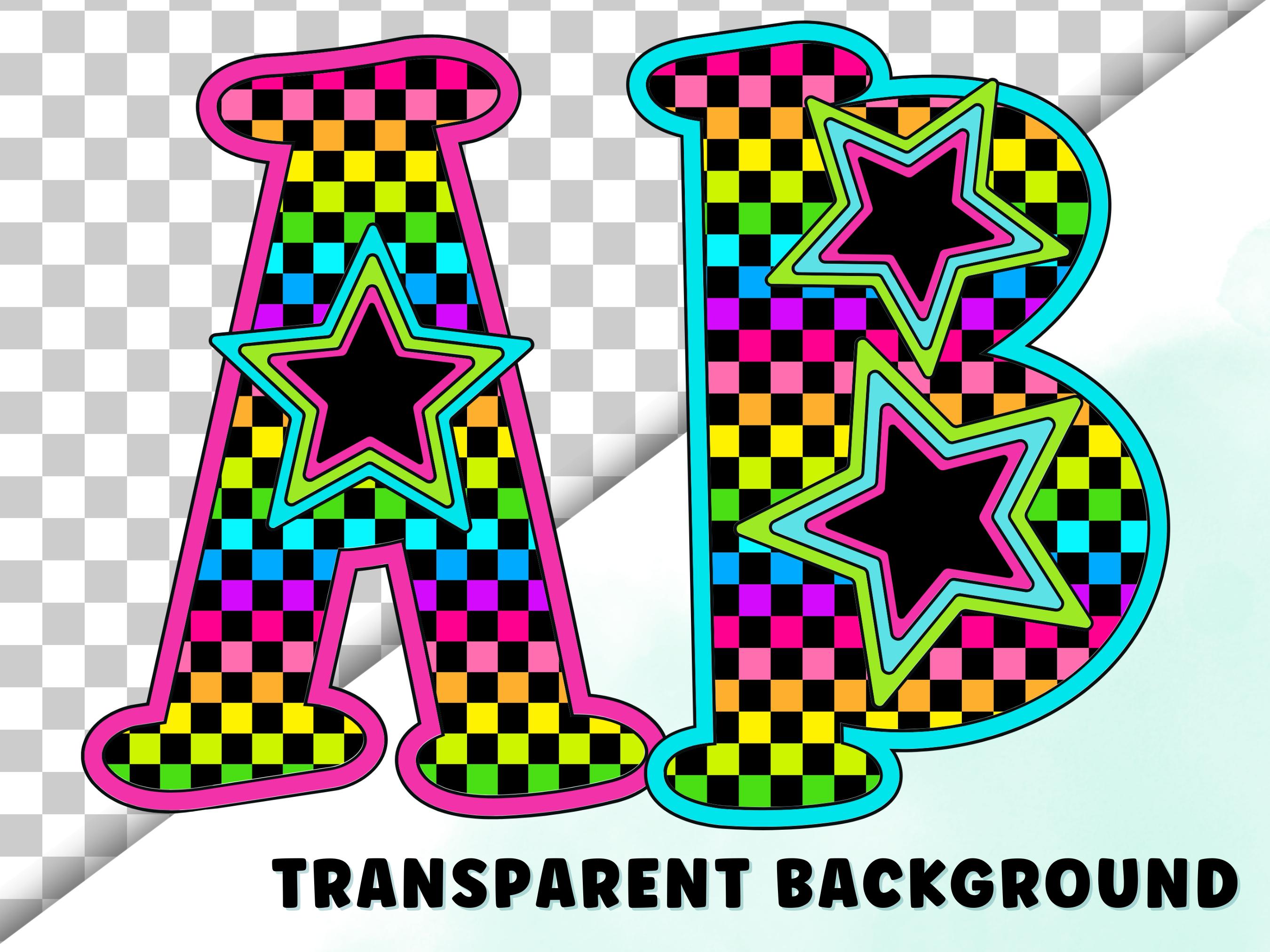 Neon Checkerboard Alphabet & Numbers PNG Set: Retro Print (digital ...