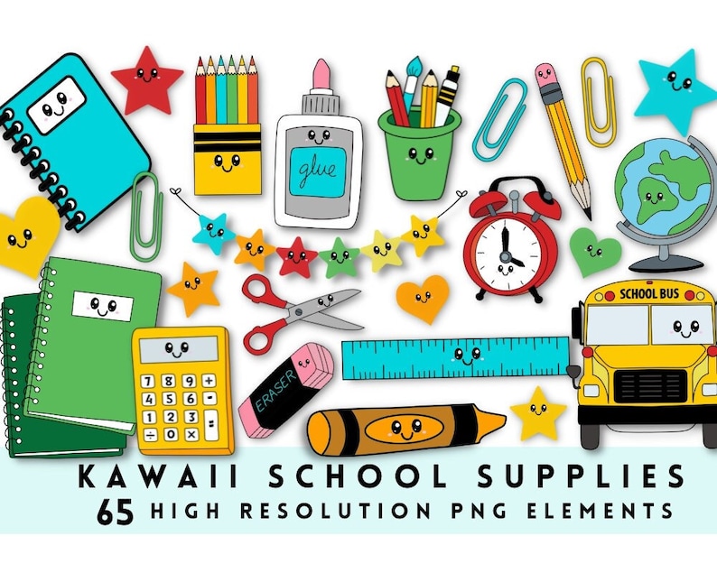 Kawaii School Supplies Clipart Set High Resolution 300dpi - Etsy