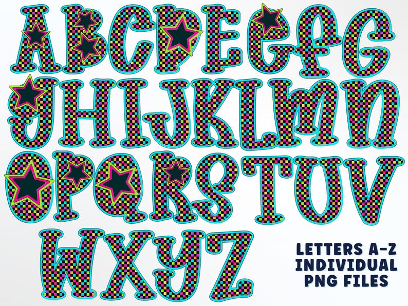 Neon Checkerboard Alphabet & Numbers PNG Set: Retro Print (digital ...