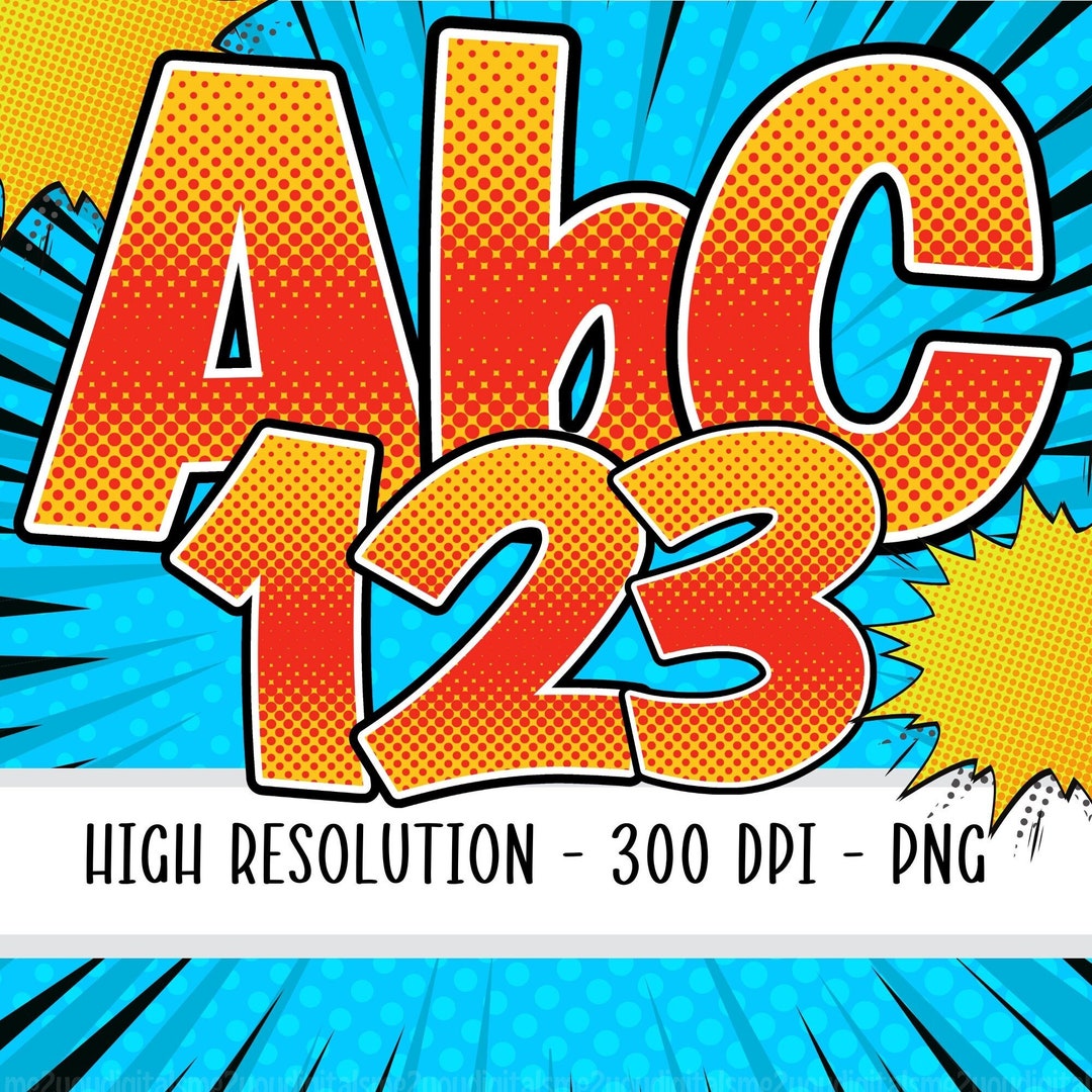 Comic Book, Superhero Alphabet & Numbers Set PNG. Sublimation, Heat ...