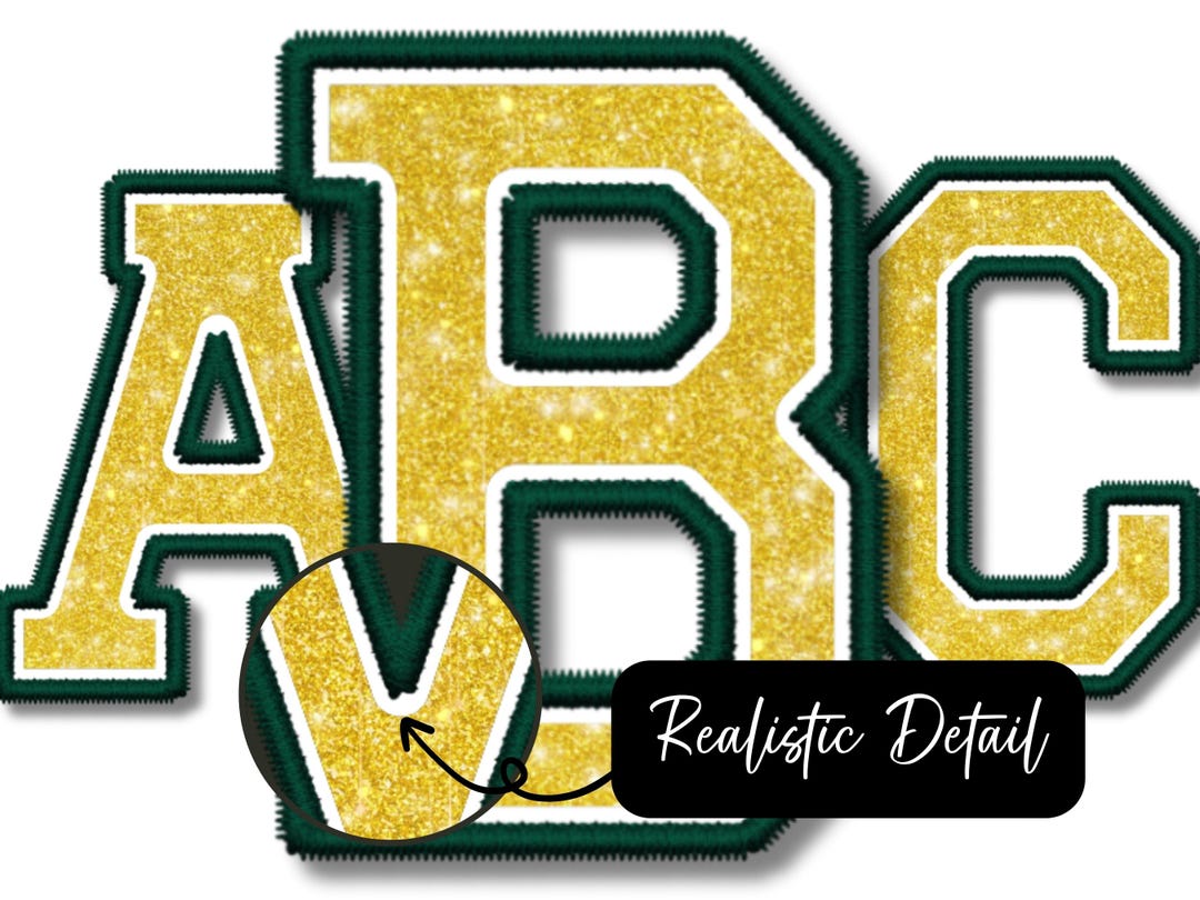 Faux Embroidery, Green & Gold Glitter Alphabet Set, Embroidery Sports ...