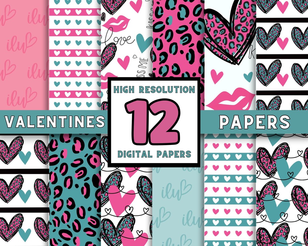 Pink & Teal Valentine's Day Digital Paper: Hearts, Leopard Print (12x12 ...