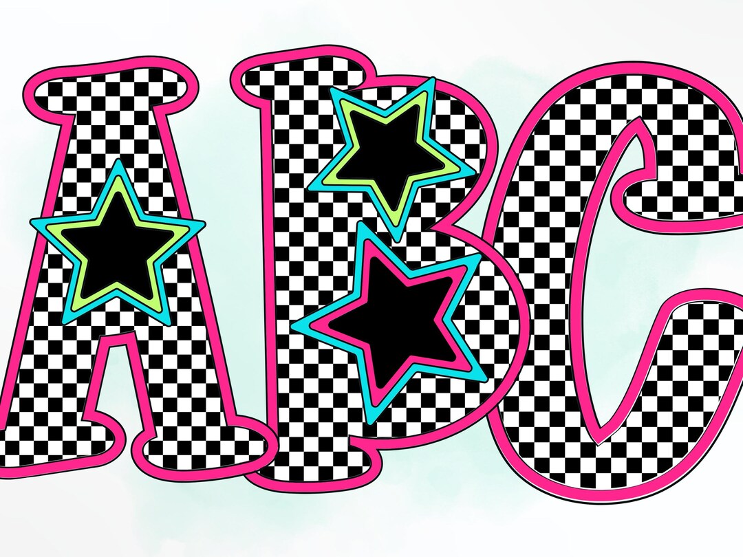Neon Checkerboard Alphabet & Numbers PNG: Retro Star Doodle (digital ...