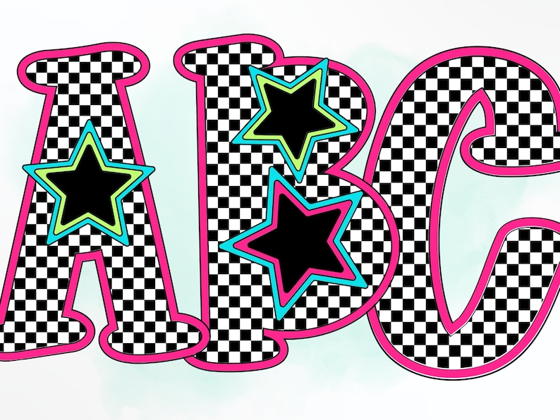 Neon Checkerboard Alphabet & Numbers PNG: Retro Star Doodle (digital ...
