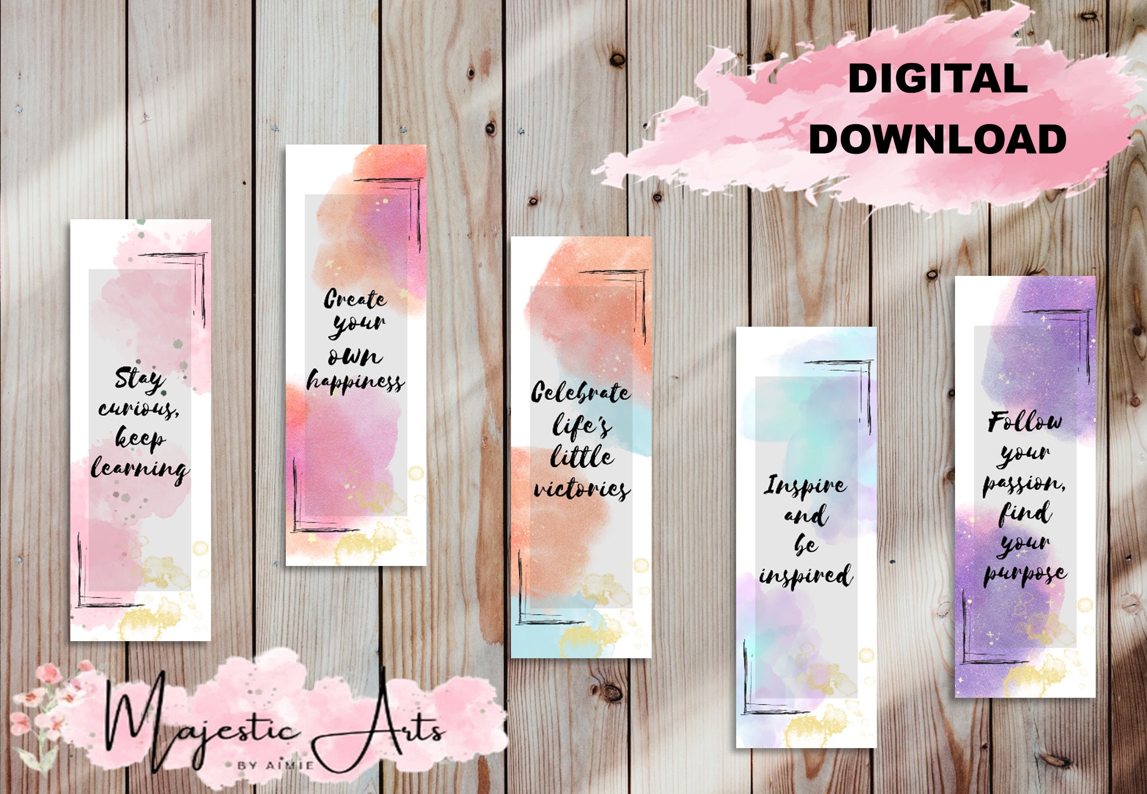 Watercolor Splash Bookmarks - Bookmark Set of 5 - Downloadable ...