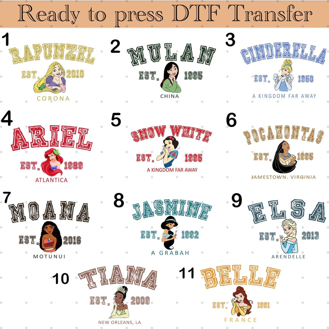 Disney Princess DTF Transfer,disney All Princess Est Dtf,princess Ready ...